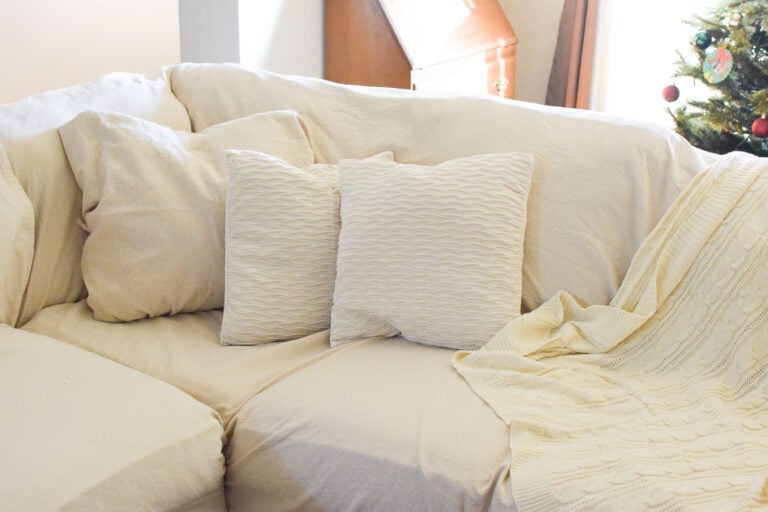 DIY No Sew Drop Cloth Slip Cover for Sectional - A Quaint Life