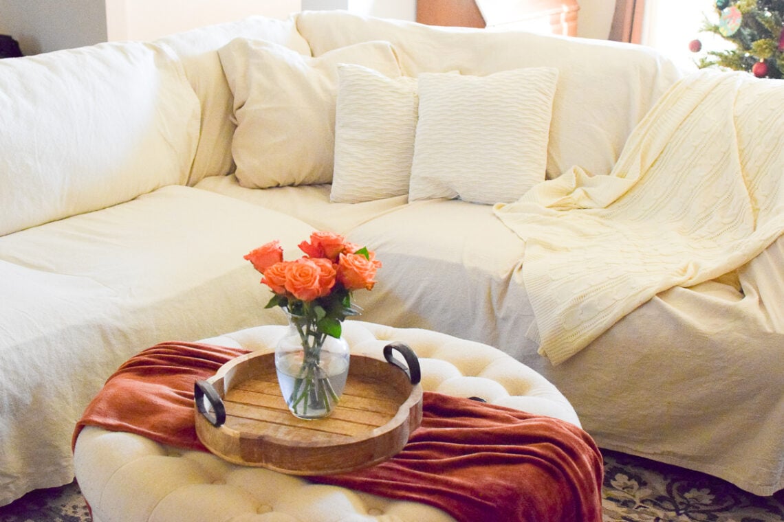 DIY No Sew Drop Cloth Slip Cover for Sectional - A Quaint Life